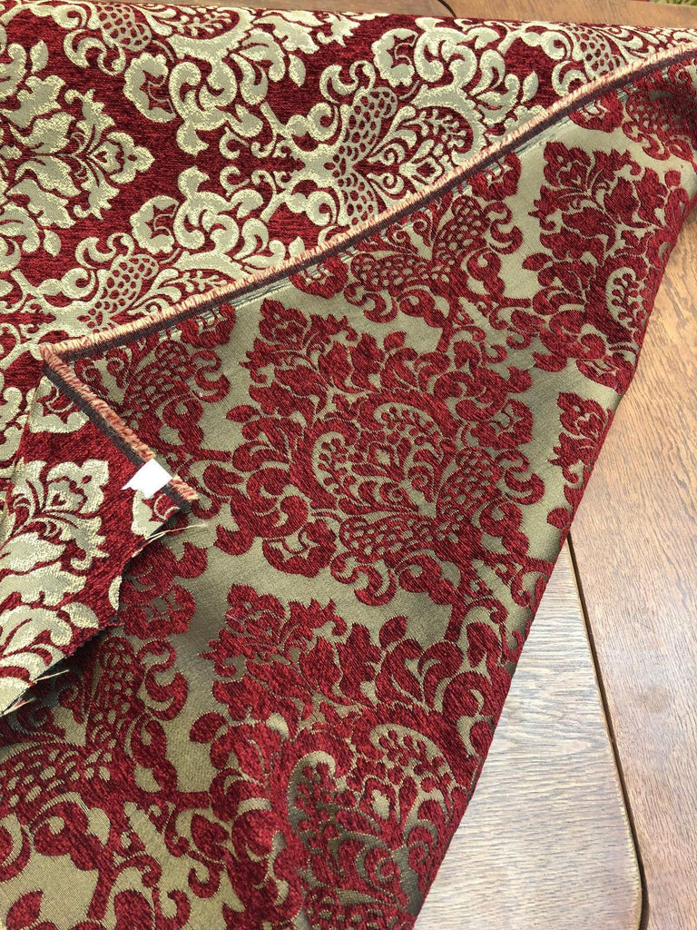 Chenille Upholstery Damask Ruby Red Gold Print Cleopatra Fabric By The ...